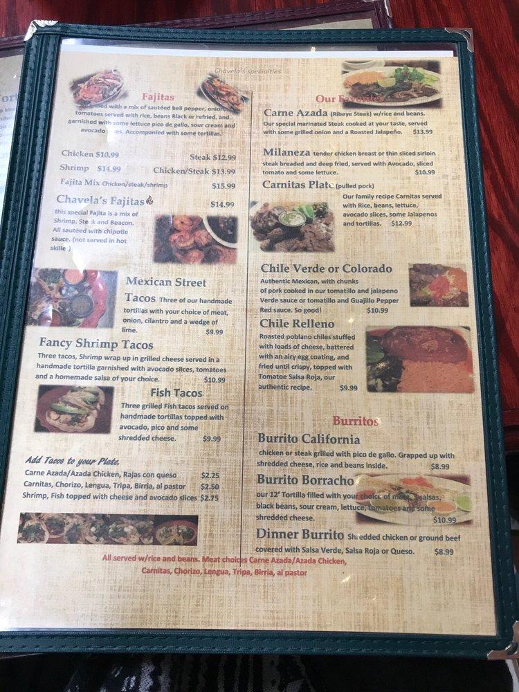 Menu at Chavela's Mexican Cuisine restaurant, Webb City