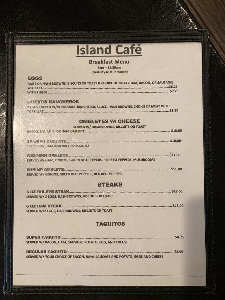 Menu at Island Cafe, Port Aransas