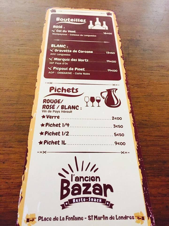Menu at L'ancien Bazar restaurant, Saint-Martin-de-Londres