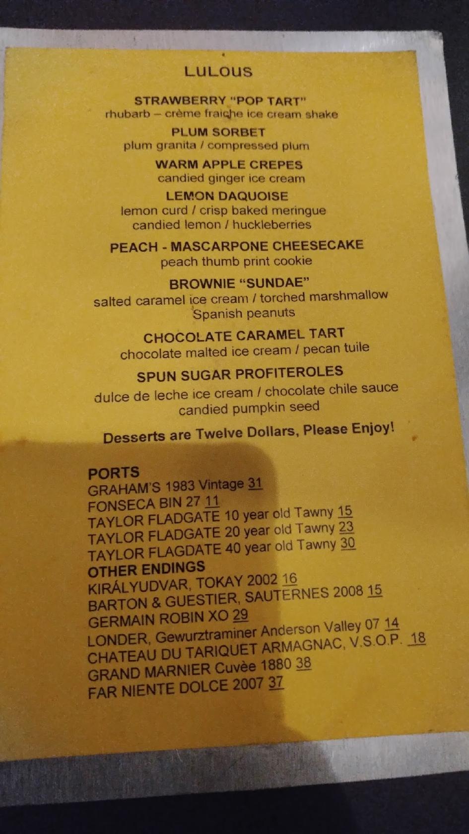Menu at Lulou's restaurant, Reno