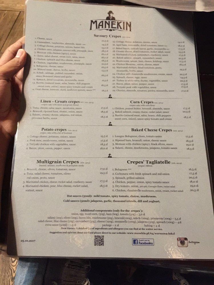 Menu at Manekin restaurant, Warsaw, Marszałkowska 140