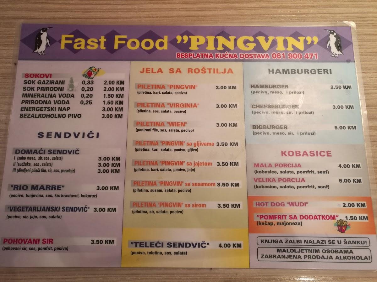 Menu at Pingvin restaurant, Sarajevo, Maršala Tita 33