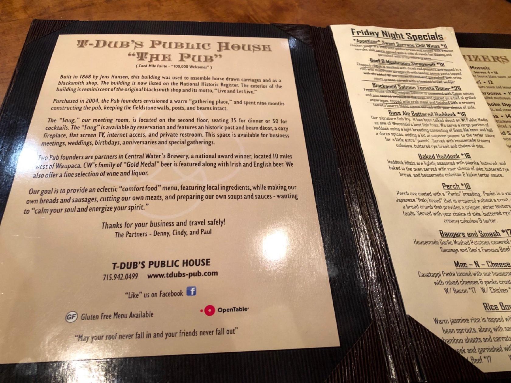 Menu at T-Dubs Pub, Waupaca