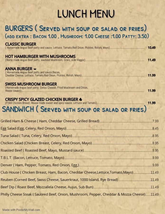Menu at Anna’s Restaurant, Wainwright