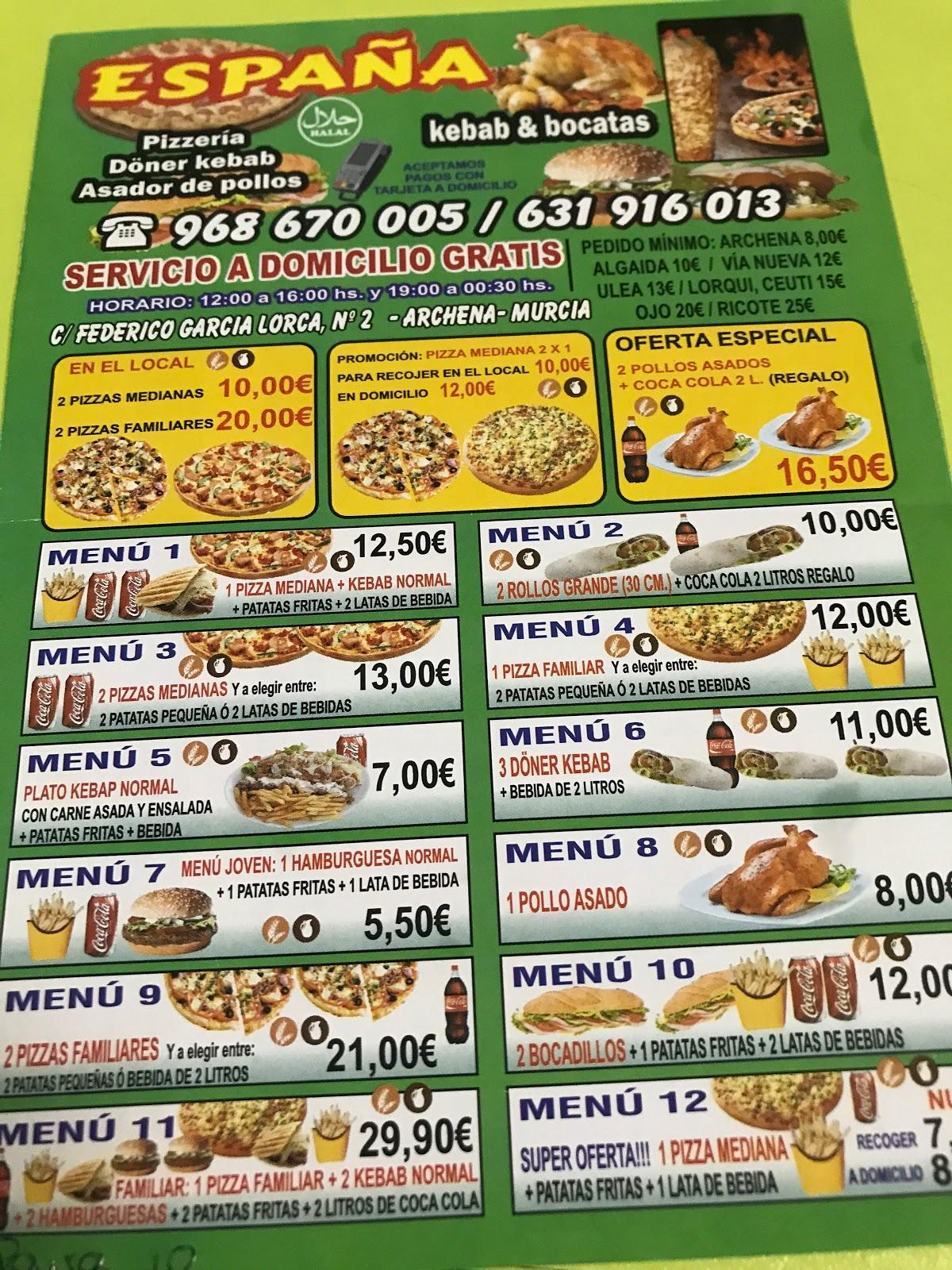 Carta del restaurante España Pizza &kebab, Archena
