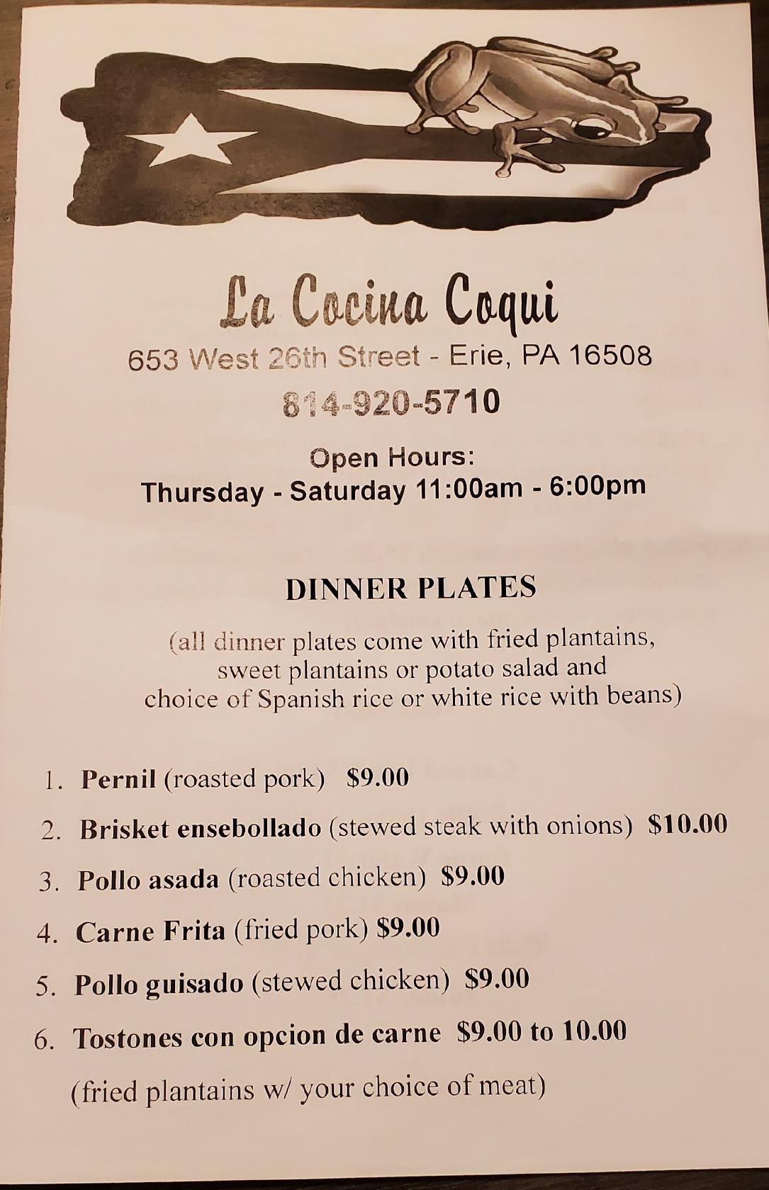 Menu at La Cocina Coqui restaurant, Erie