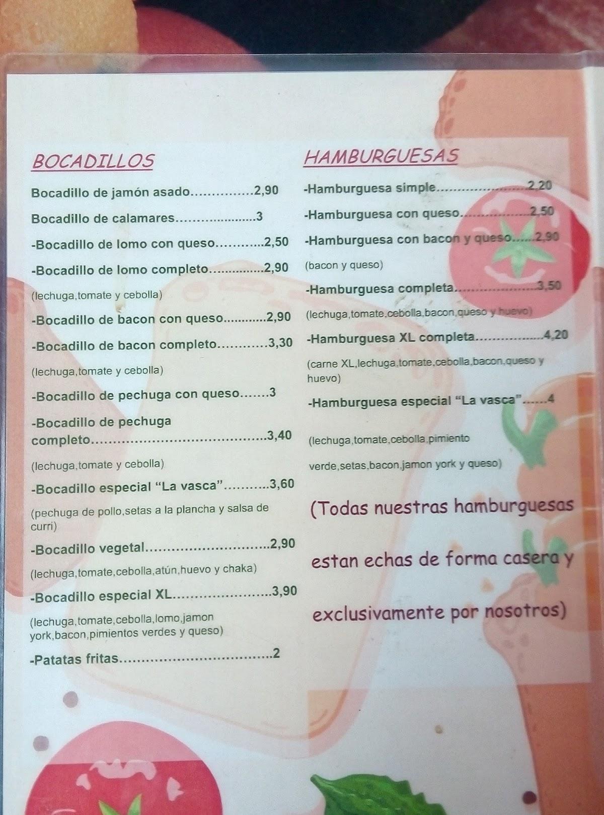 Menu at Tapería La Vasca restaurant, Marín