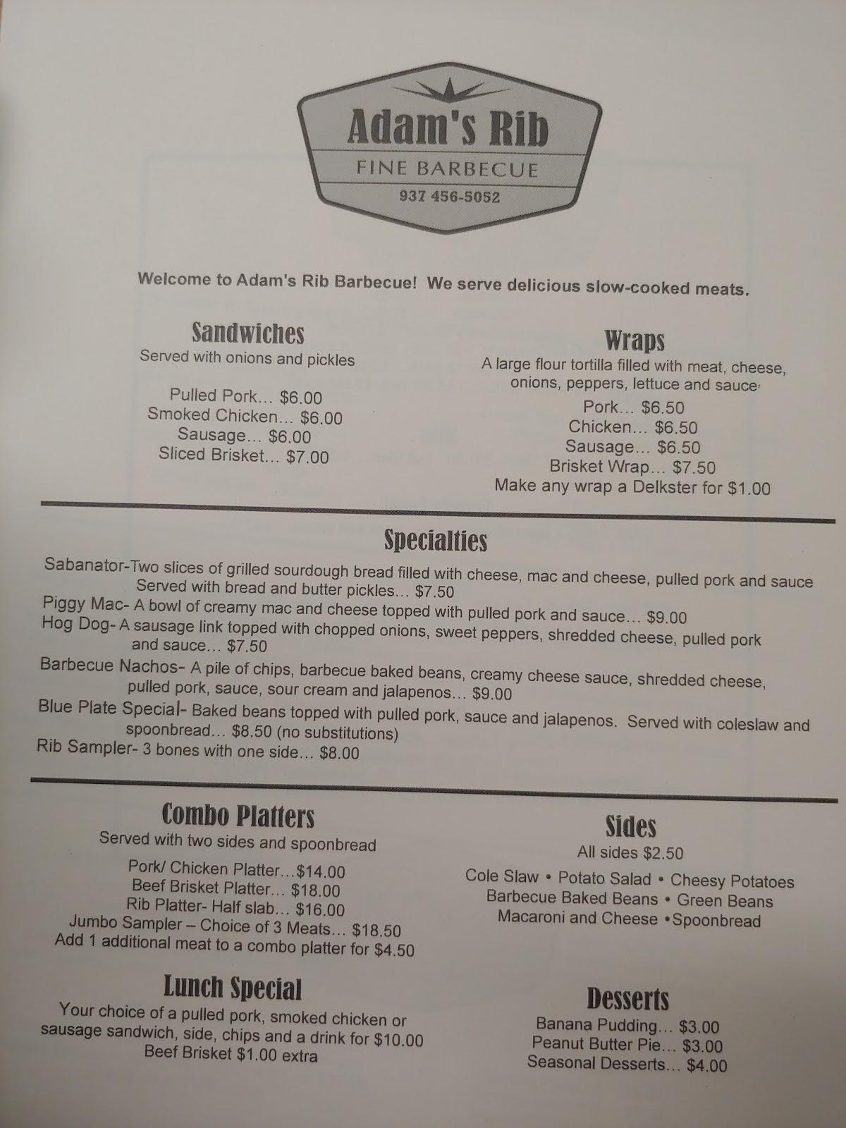 Menu at Adam's Rib Barbecue, Eaton