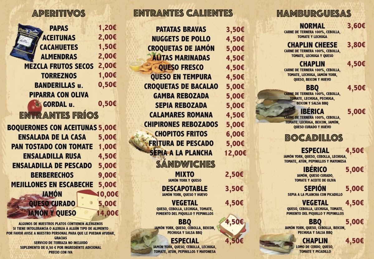 Carta del pub y bar Burger Chaplin, Adzaneta del Albaida