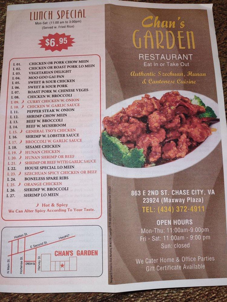 Menu at Chan's Garden restaurant, Chase City