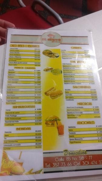 Menu at El Chuzo restaurant, Barranquilla