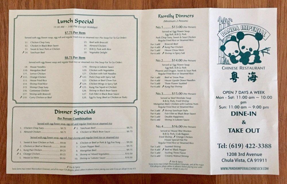 Menu at Panda Imperial Restaurant, Chula Vista