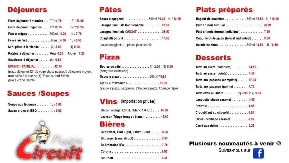 Menu at Pizzéria Circuit restaurant, Québec City