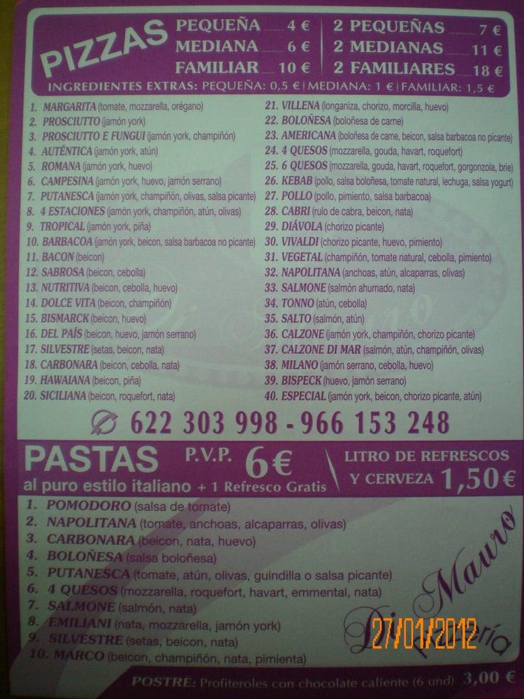 Menu at Pizzeria DI MAURO, Villena