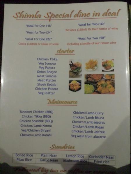 Menu at Shimla Indian restaurant, Kilkenny