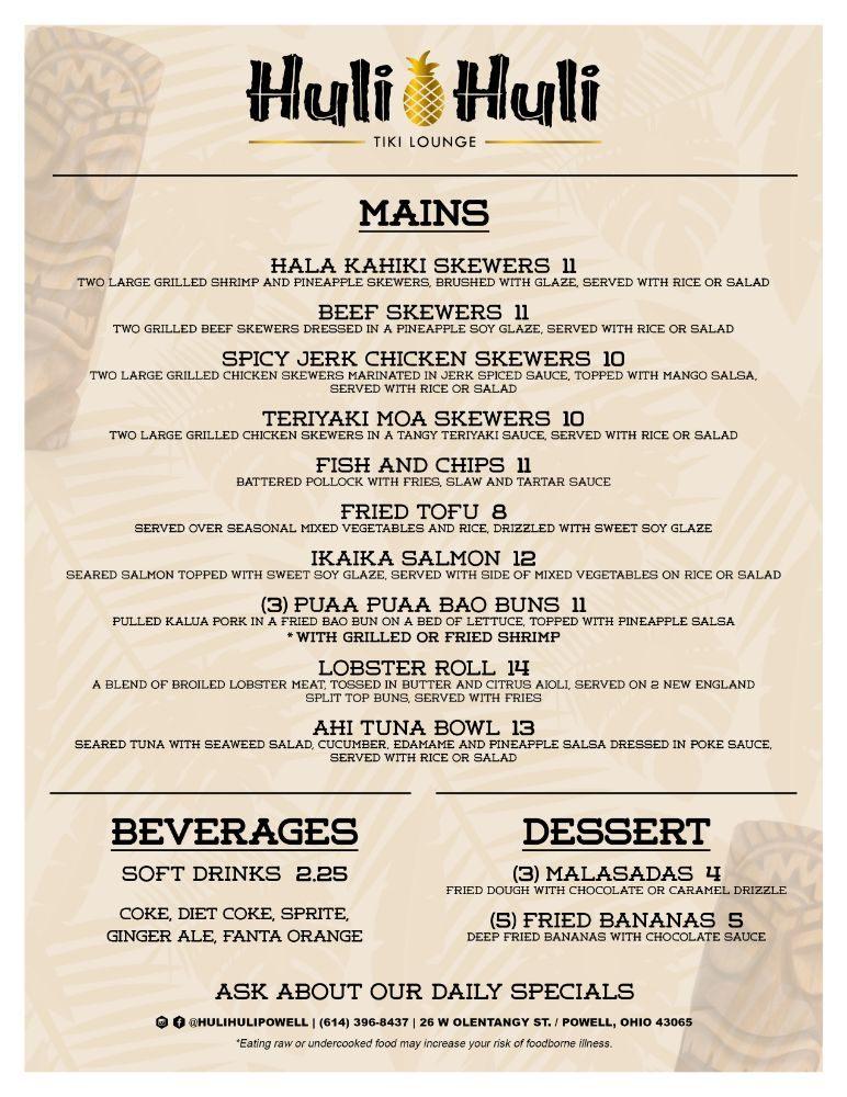 Menu at Huli Huli Tiki Lounge pub & bar, Powell