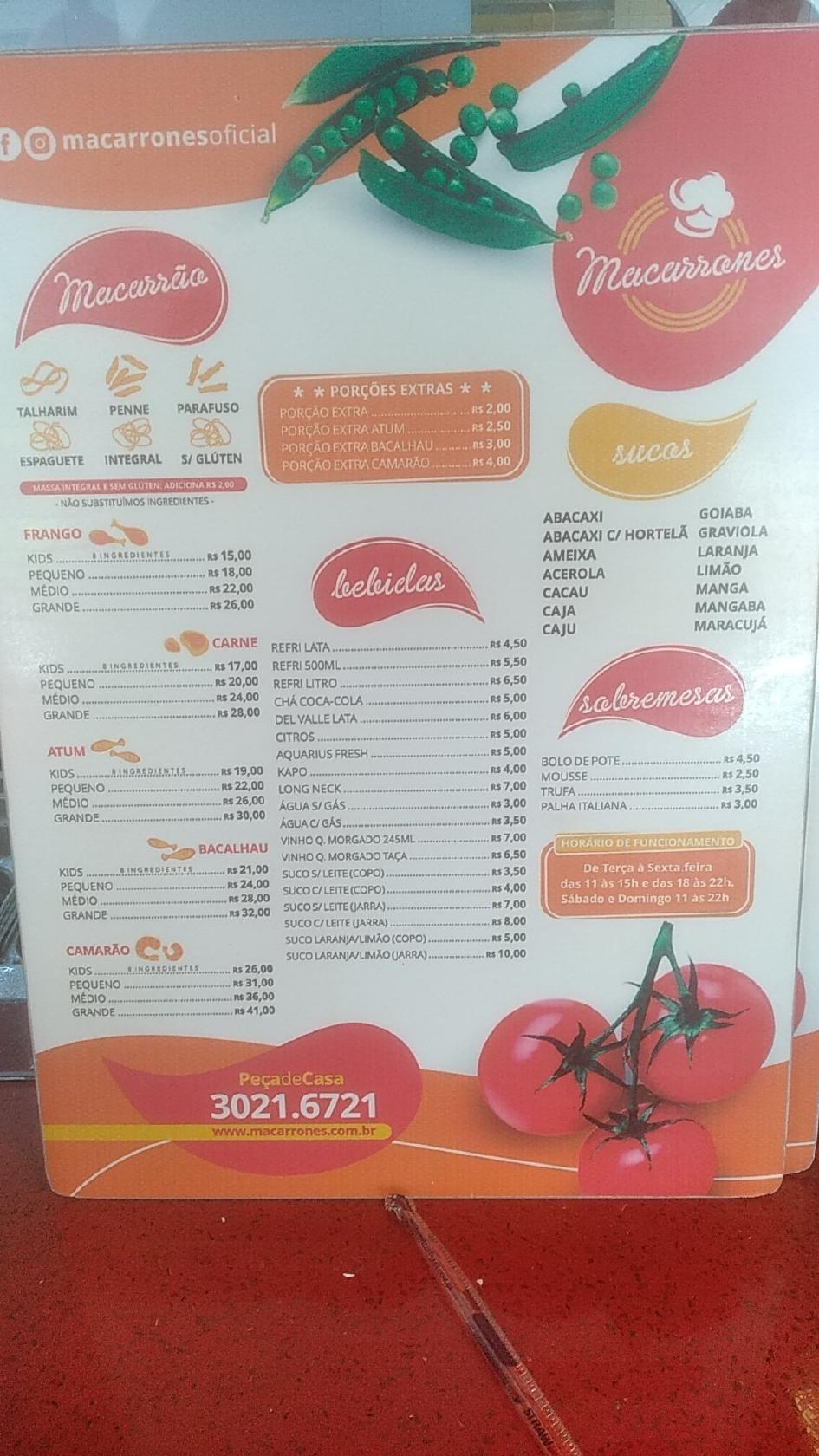 Menu at Macarrones restaurant, Aracaju, R. José Pachêco