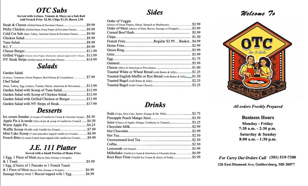 Menu at OTC Bar & Grille, Gaithersburg