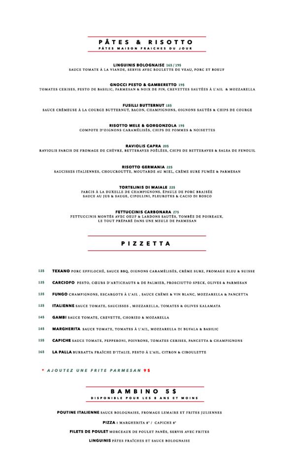 Menu au Restaurant Capiche, Drummondville
