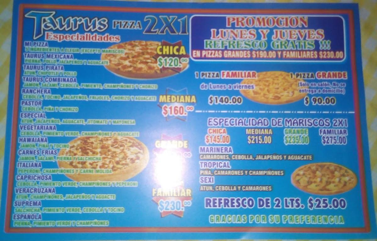 Menu at Taurus Pizza restaurant, Tequisistlán