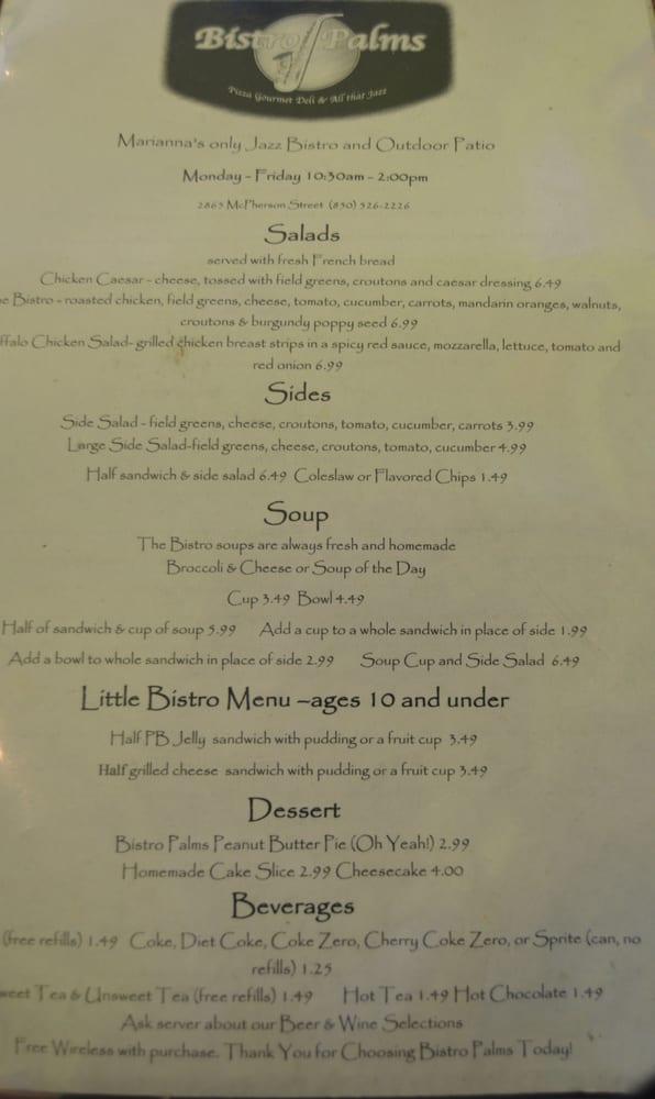 Menu at Bistro Palms pub & bar, Marianna, McPherson St