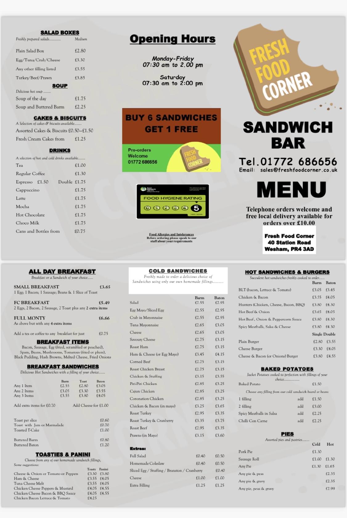 Menu at Fresh Food Corner cafe, Freckleton