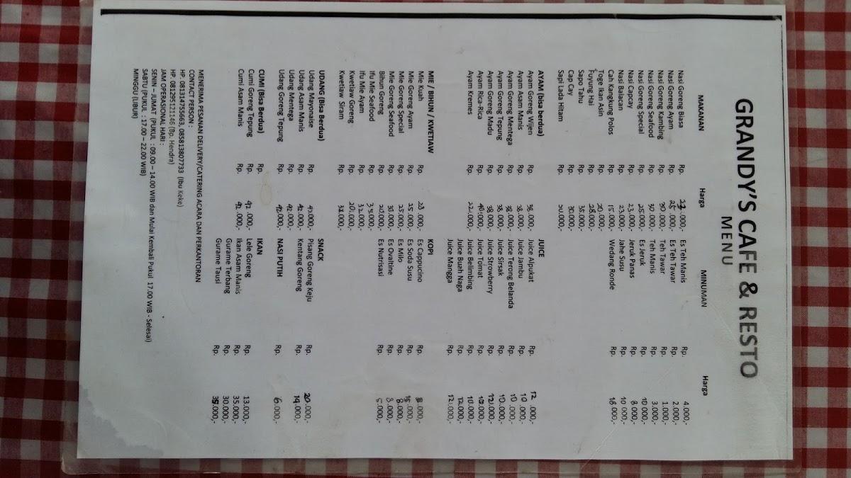 Menu at Grandy's Cafe & Resto, Central Jakarta