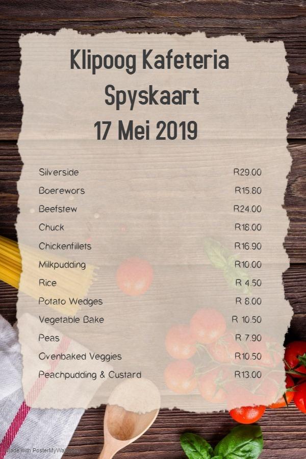 Menu at NWU Pukke SS Potchefstroom cafeteria, Potchefstroom
