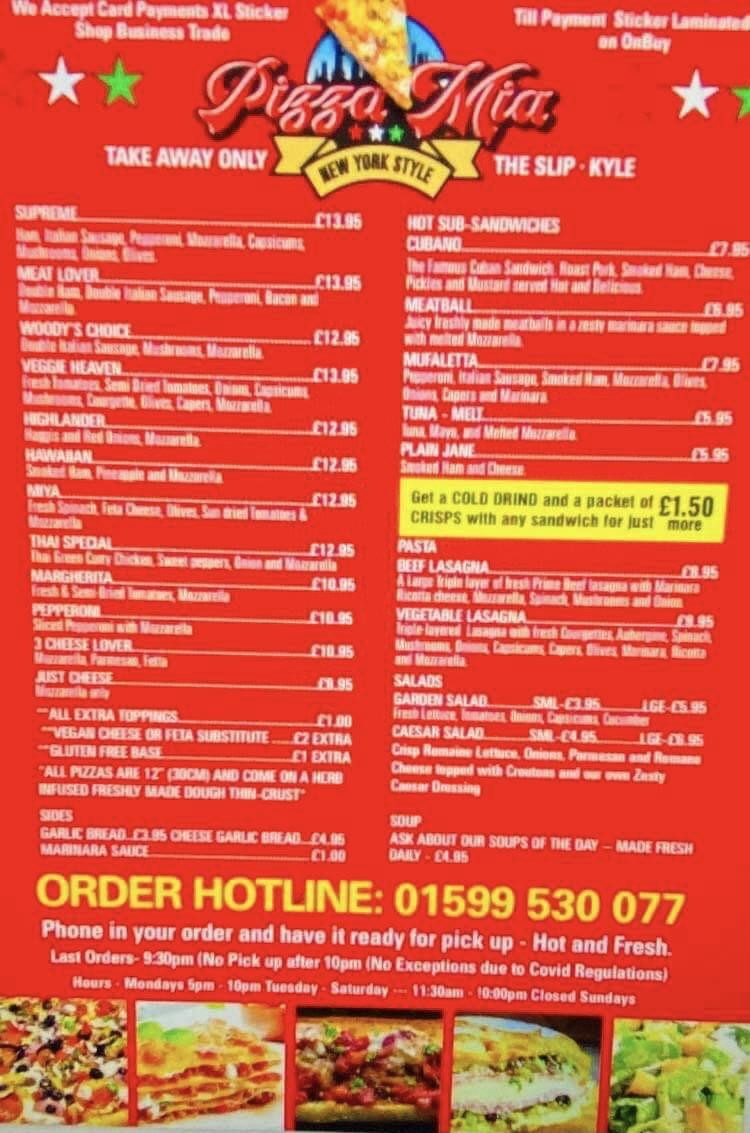 Menu at Pizza-Mia pizzeria, Kyle of Lochalsh