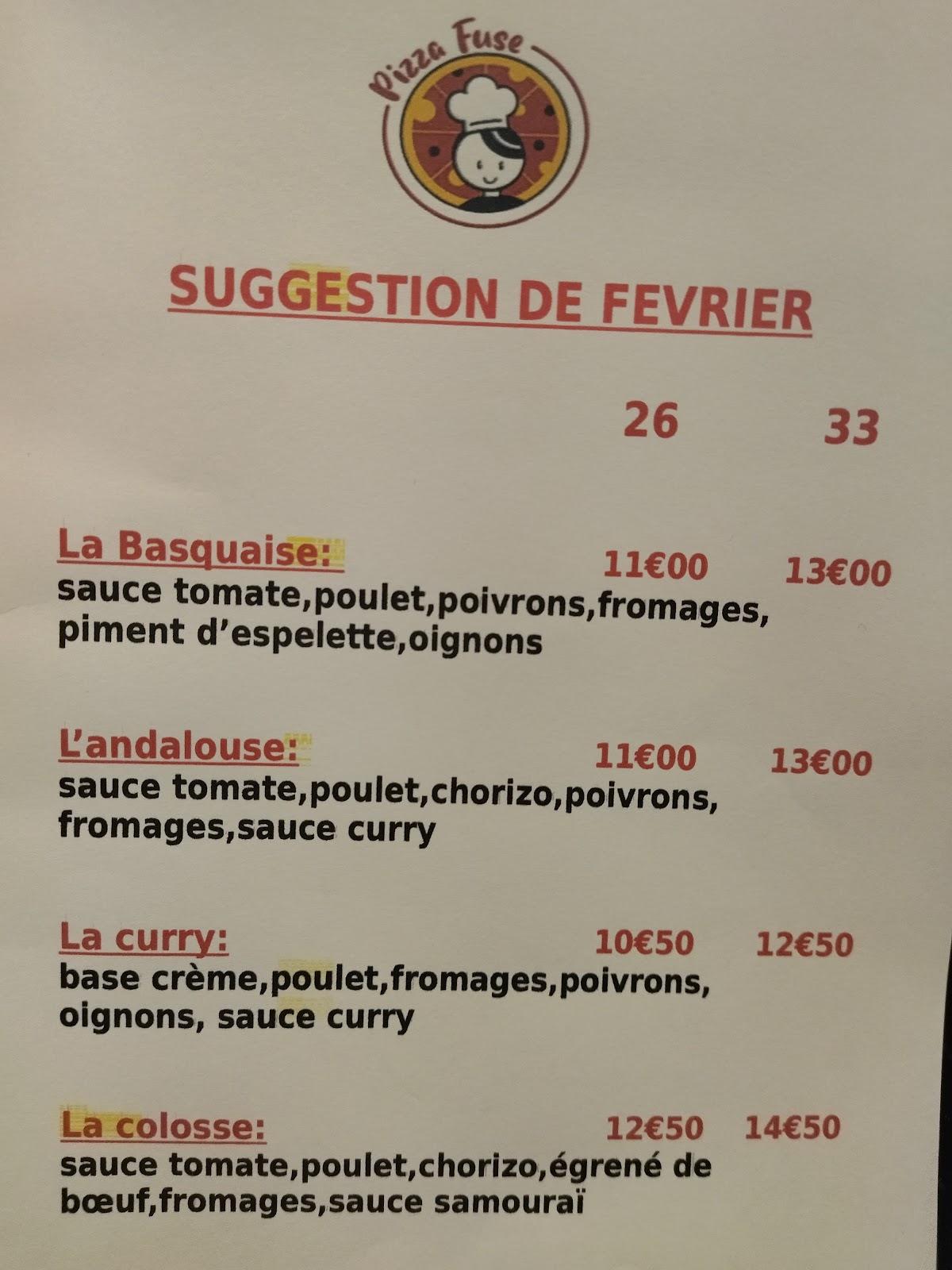 Menu au Pizzeria Pizza Fuse, Felletin