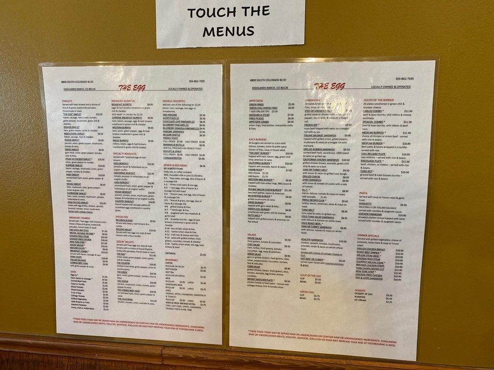 Menu at The Egg restaurant, Highlands Ranch