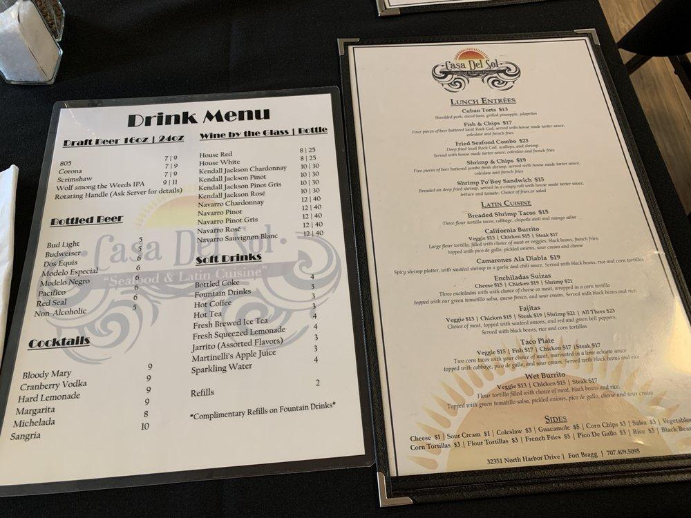 Menu at Casa Del Sol restaurant, Fort Bragg