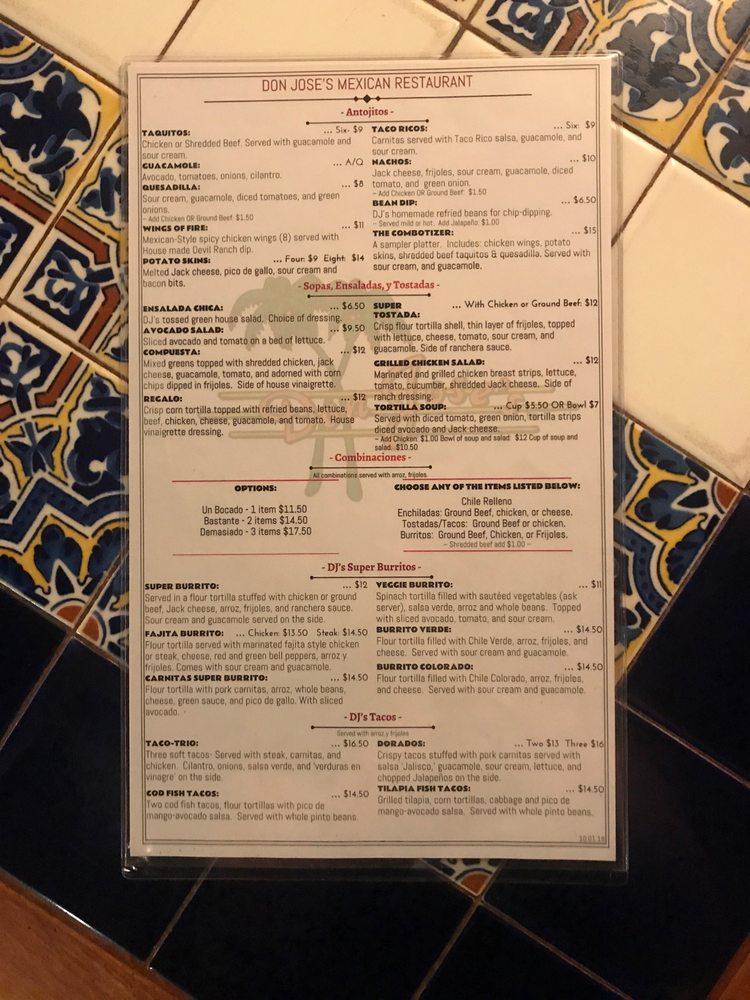 Menu at Don Jose's Mexican Restaurant, Castro Valley