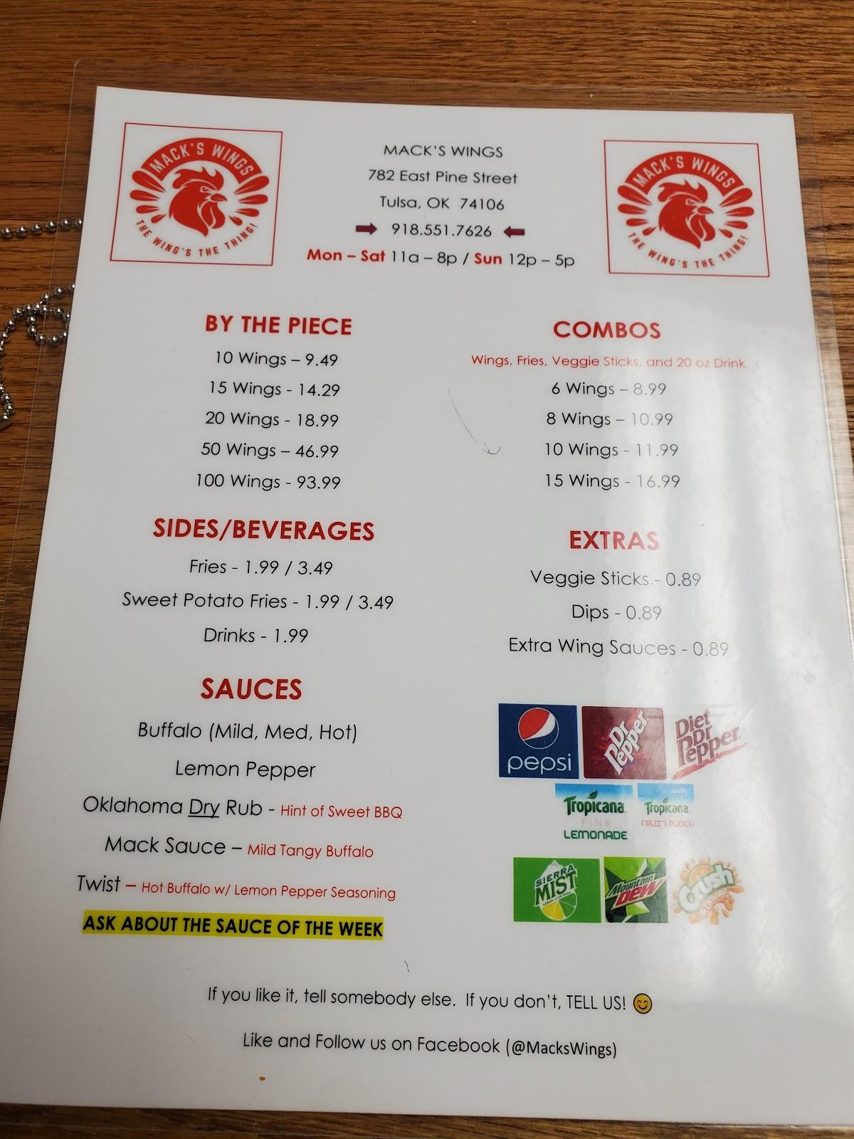 Menu at Mack's Wings restaurant, Tulsa