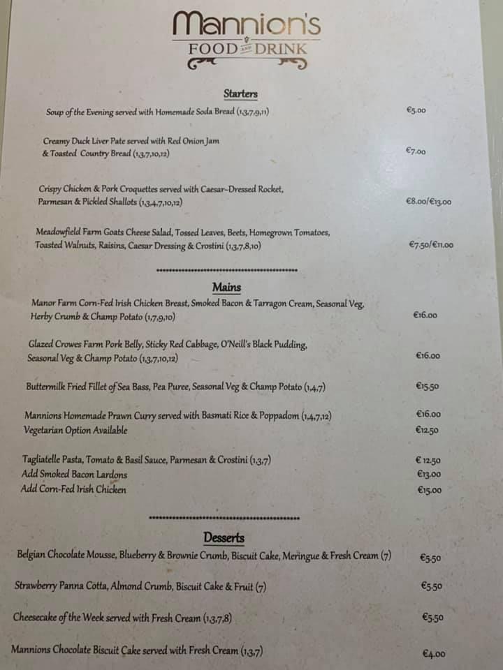 Menu at Mannion's Pub, New Ross