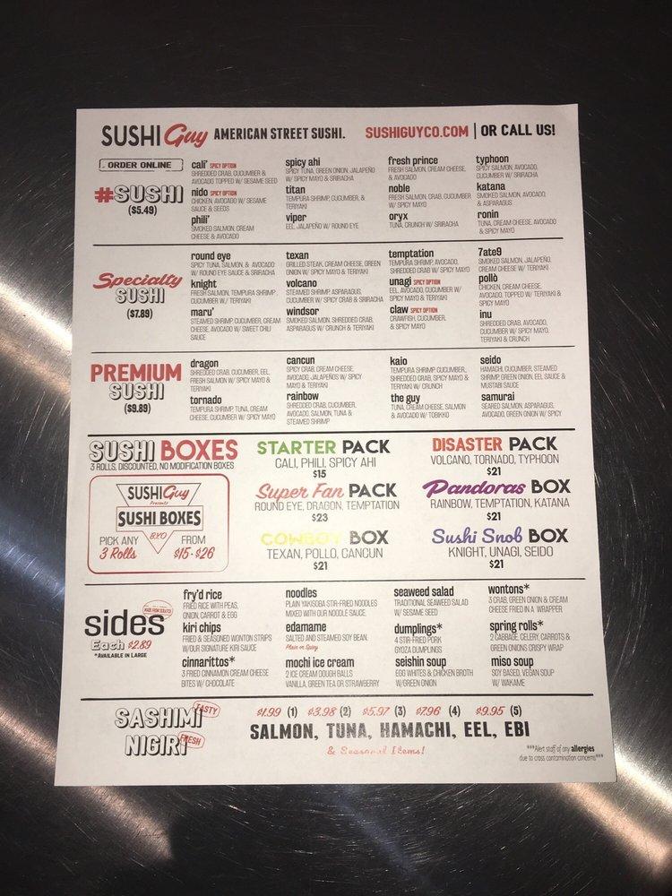 Menu at Sushi Guy restaurant, Mount Pleasant