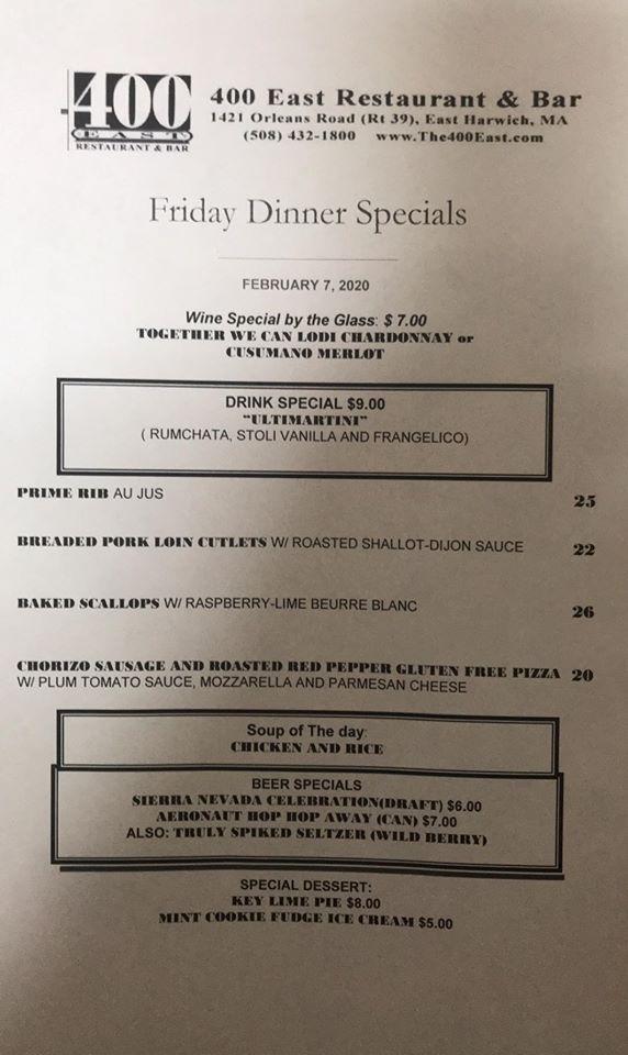 Menu at 400 East Restaurant, Harwich