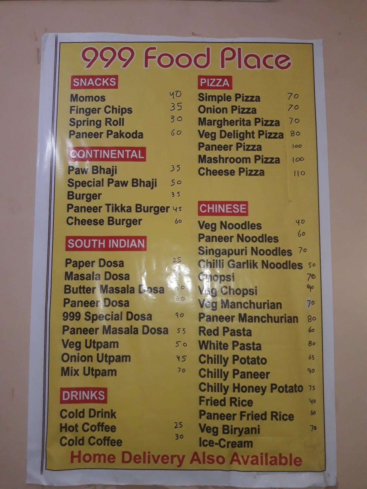 Menu at 999 food palace, Kanpur