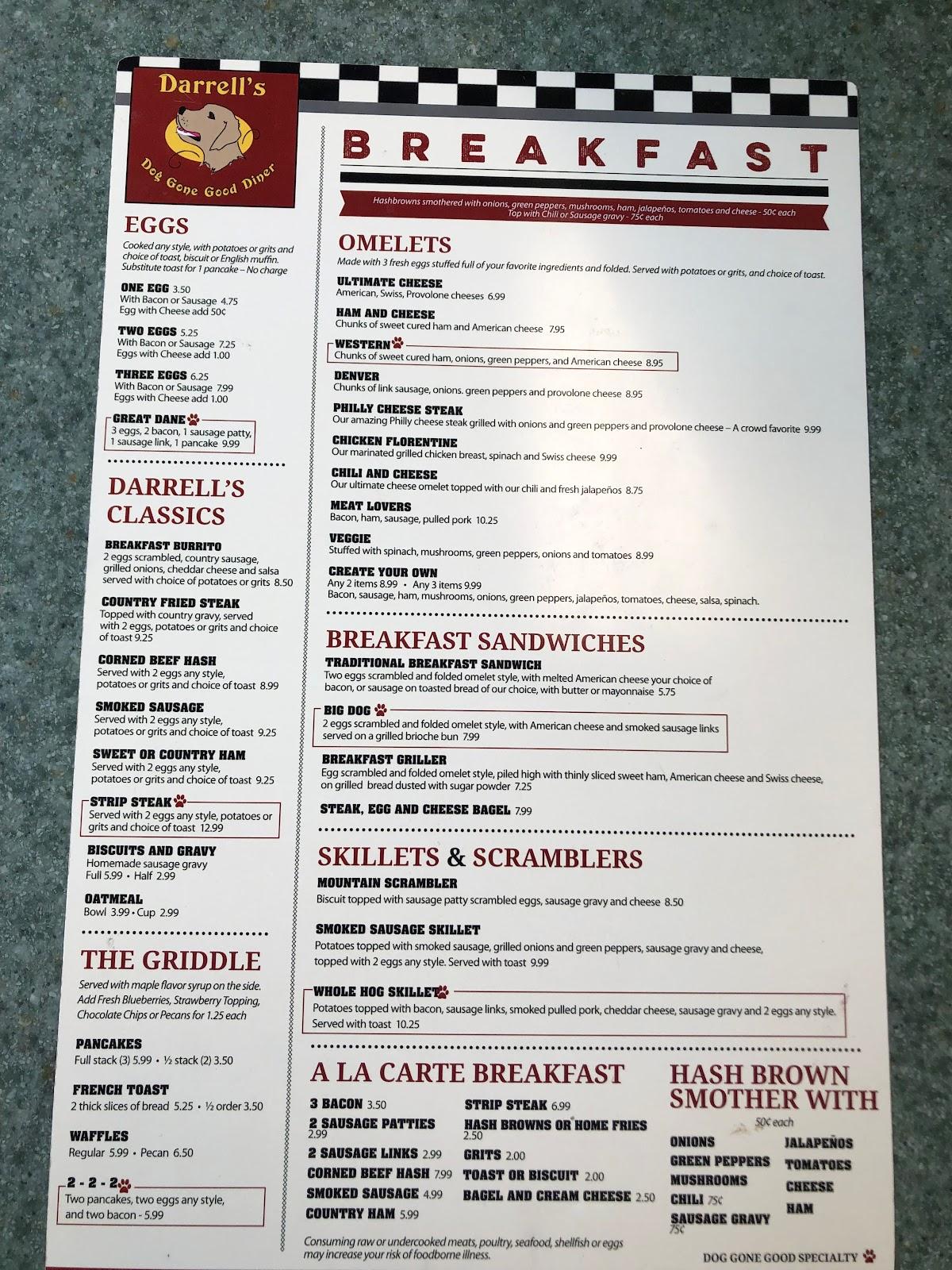 Menu at Darrell's Diner restaurant, The Villages, Wedgewood Ln