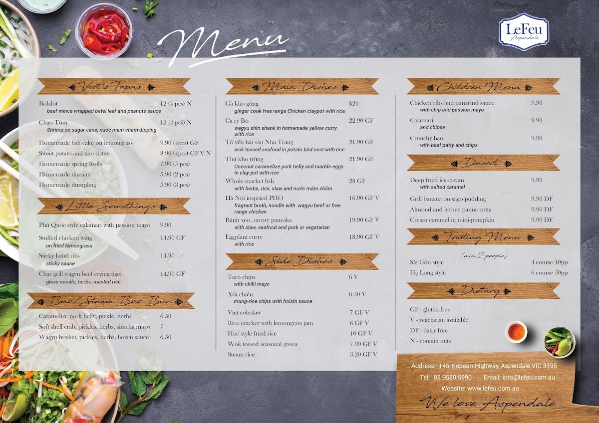Menu at Le Feu Dining Mornington Cuisine GF restaurant, Mornington, 10 ...