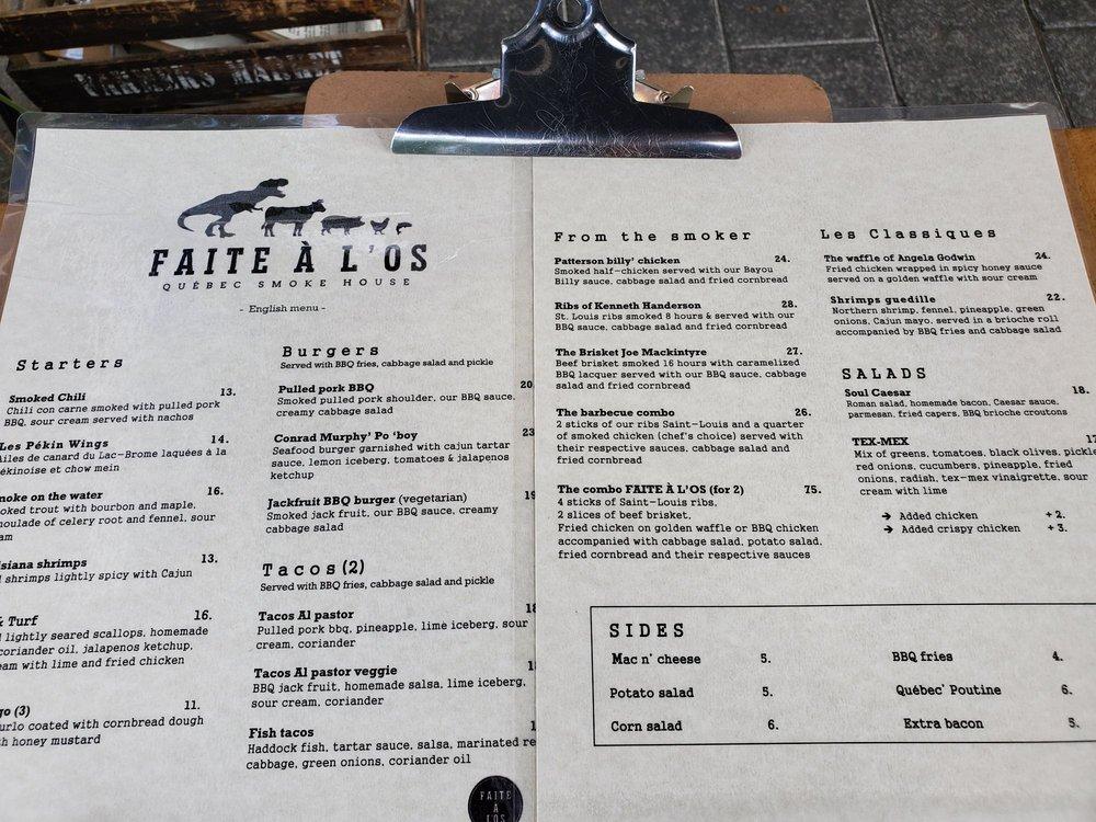 Menu at Faite à l’os BBQ, Québec City
