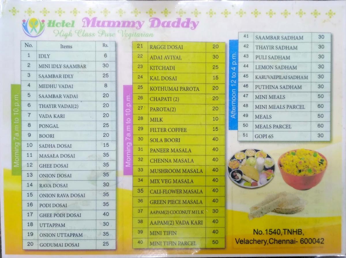 Menu at Hotel Mummy Daddy, Chennai