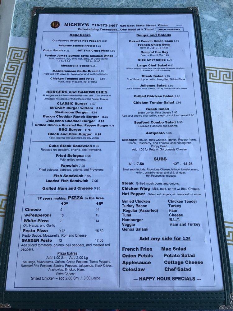 Menu at Mickey's restaurant, Olean