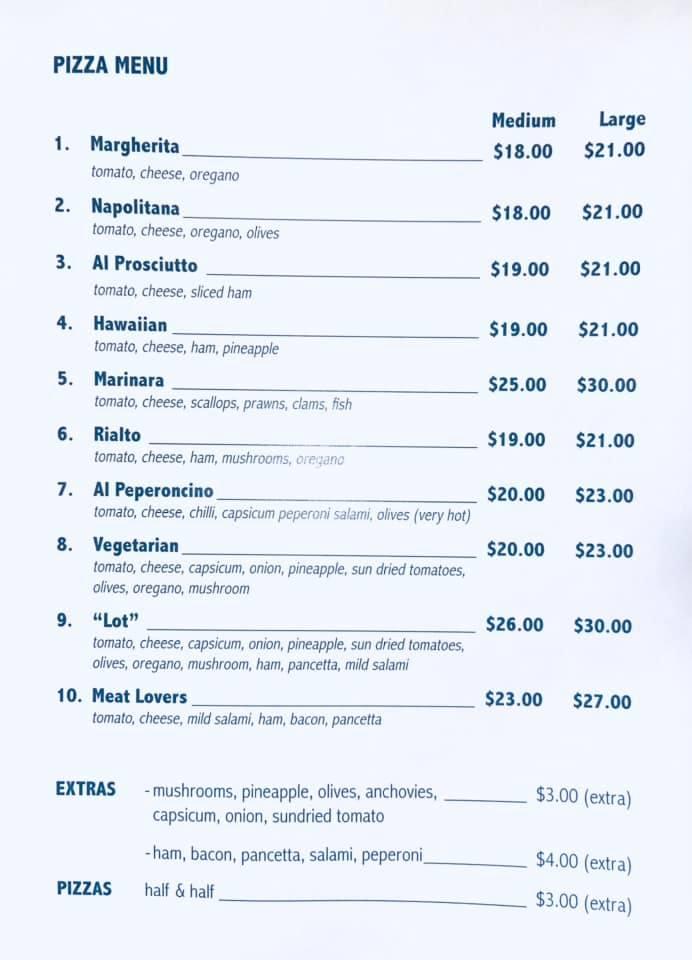 Menu at Rialto Restaurant, Burnie