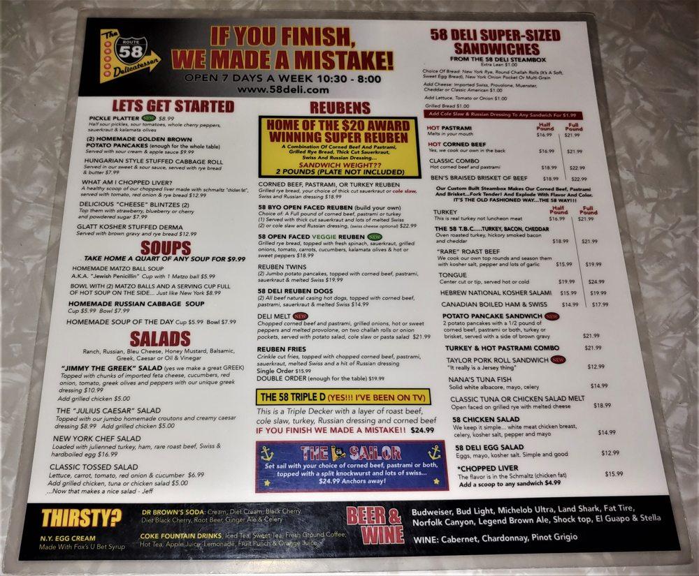 Menu at The Route 58 Deli restaurant, Virginia Beach
