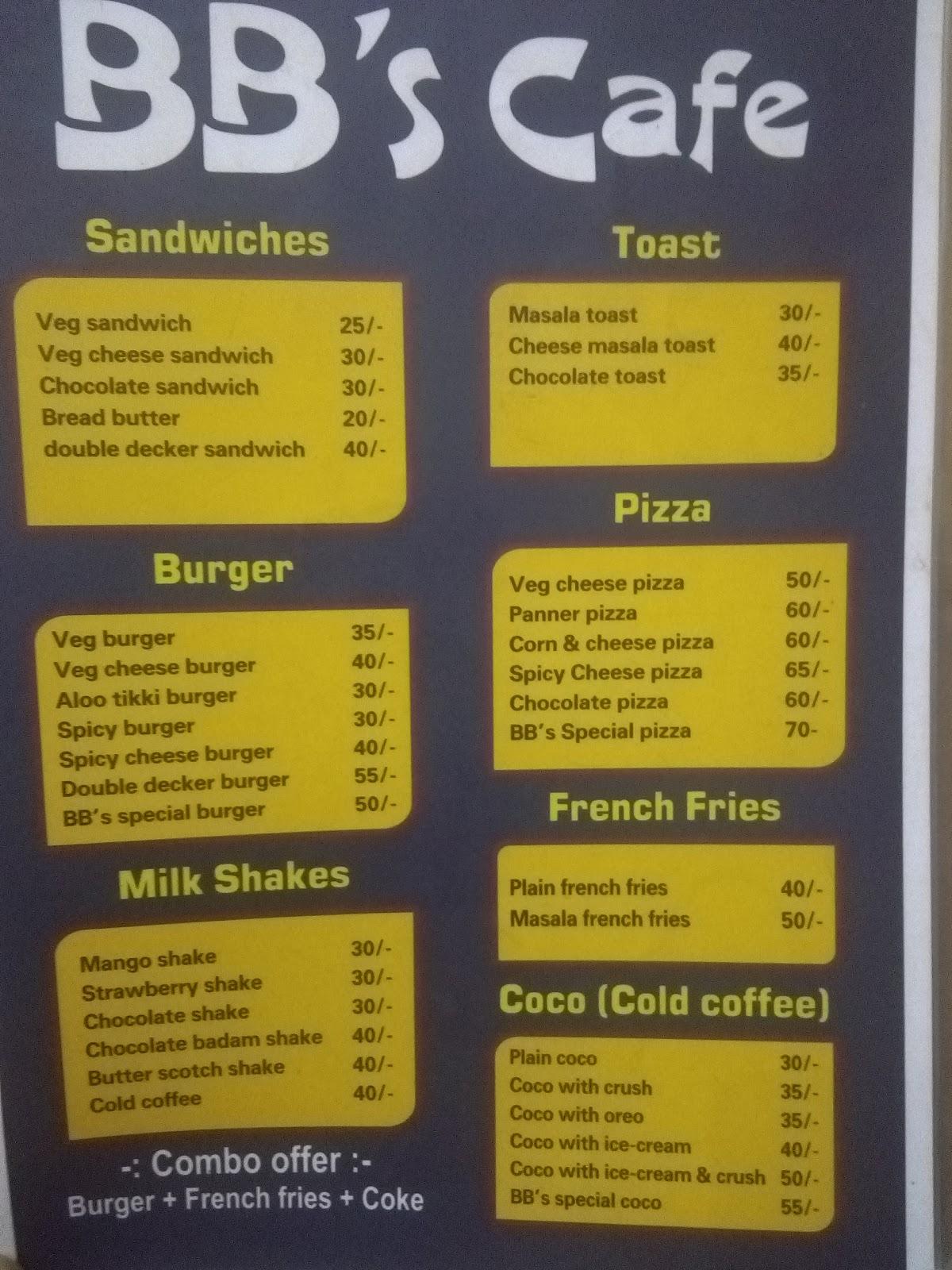 Menu at BB's cafe, Kurundwad