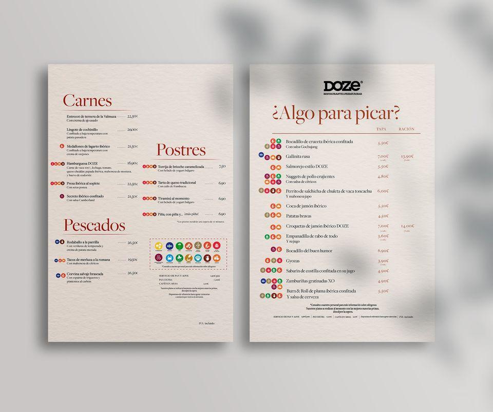 Carta de Restaurante Premium bar DOZE, Salamanca