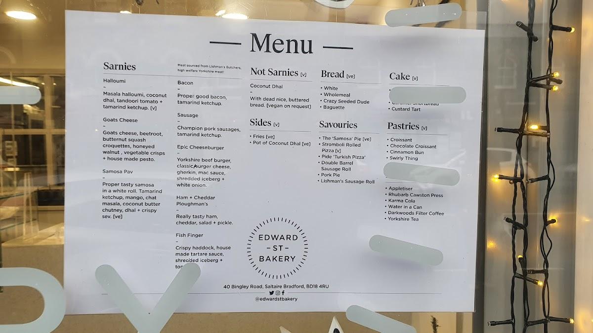 Menu at Edward St Bakery, Shipley