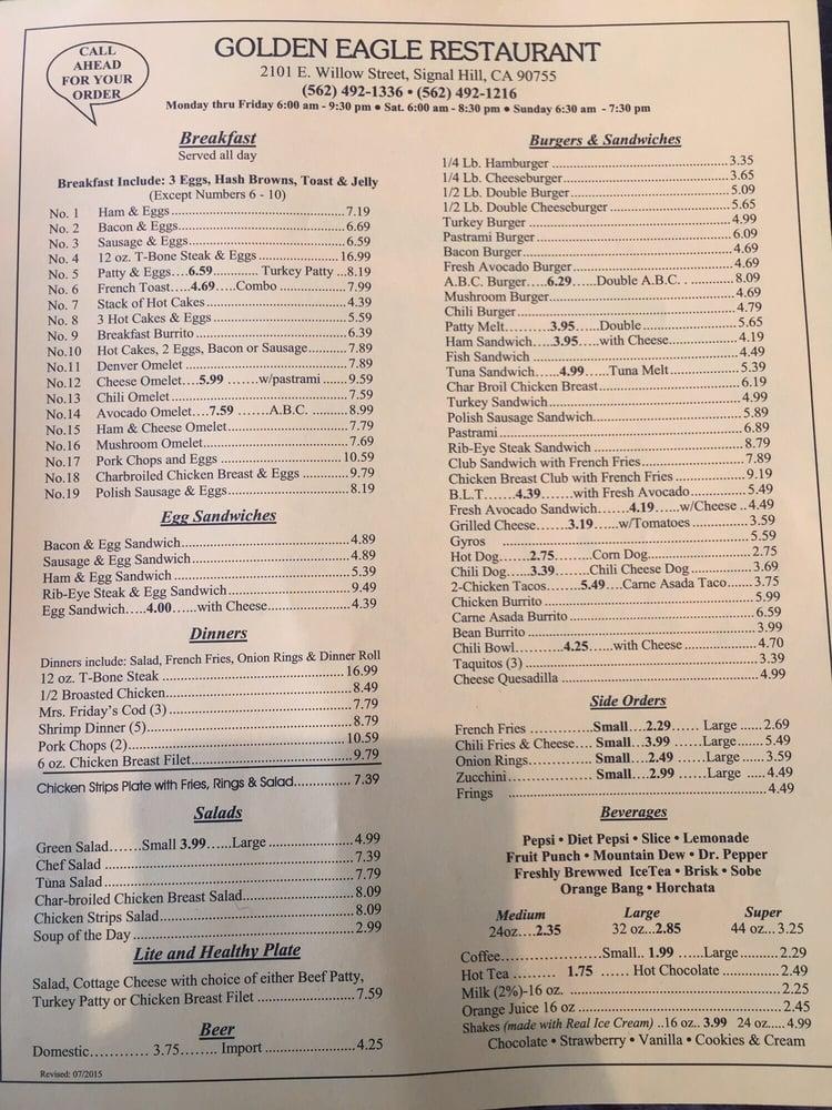Menu at Golden Eagle Restaurant, Signal Hill