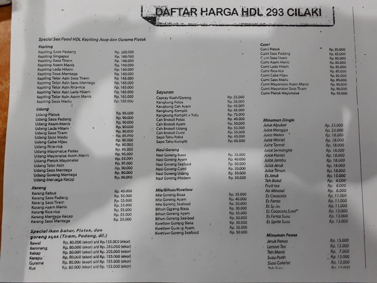 Menu at HDL 293 Seafood restaurant, Cimahi